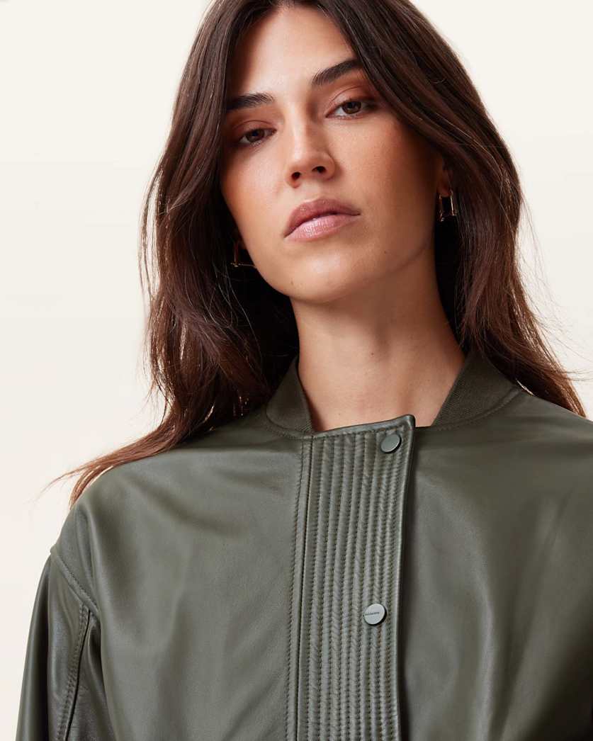 Sofi Drawstring Leather Bomber Jacket Military Green | ALLSAINTS US